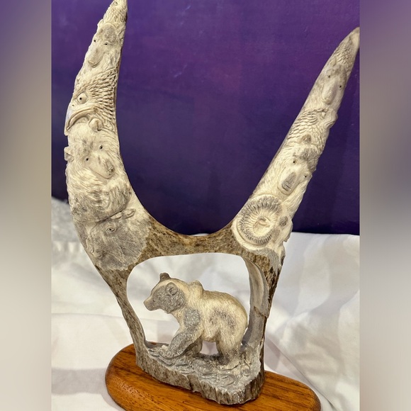 Source Unknown | Accents | Antler Carved Grizzly Bear Rare Antler Cabin ...